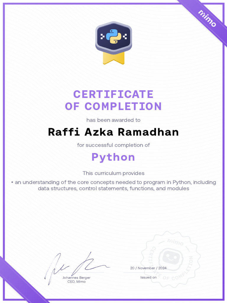 Python Completion Certificate for Raffi Azka Ramadhan | PDF