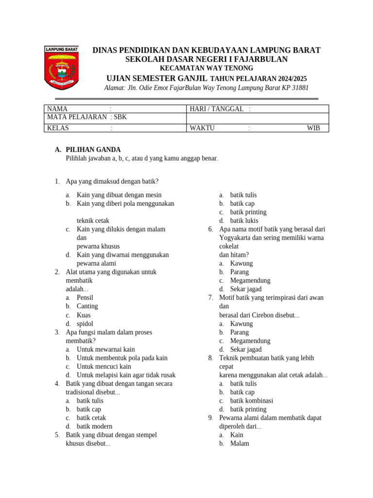 Soal SBK Uts KLS 6 Ganjil | PDF