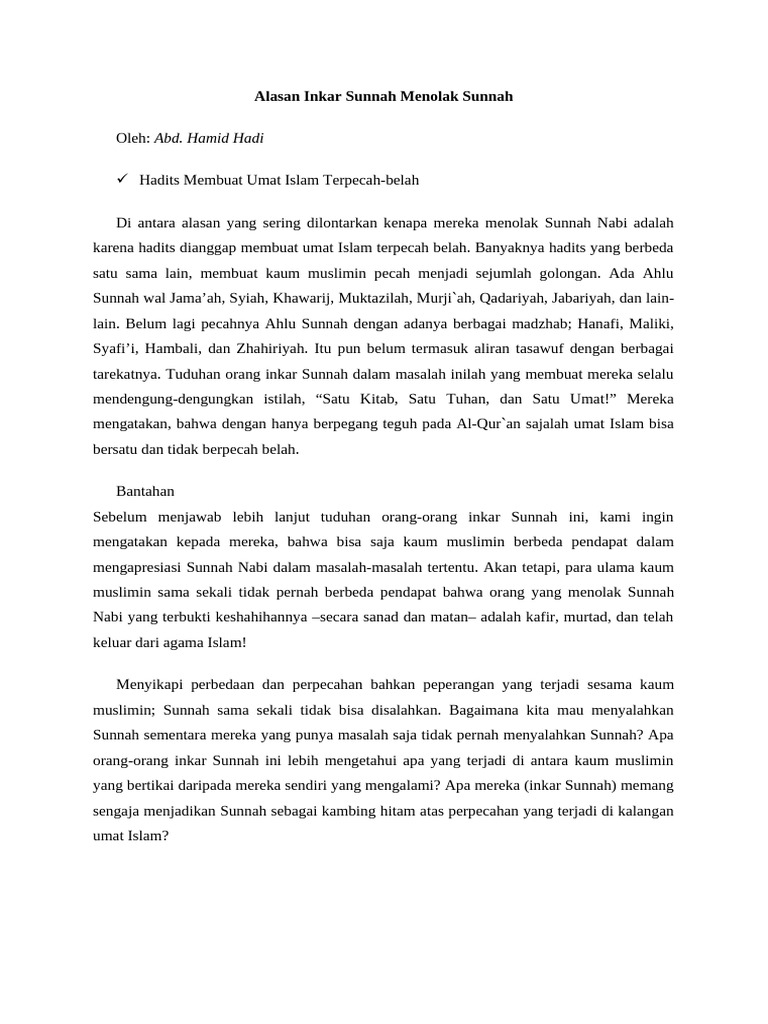 Alasan Inkar Sunnah Menolak Sunnah | PDF