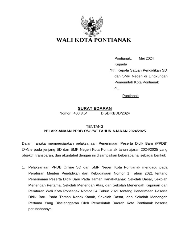 SURAT EDARAN Pj. WALI KOTA PPDB 2024 | PDF