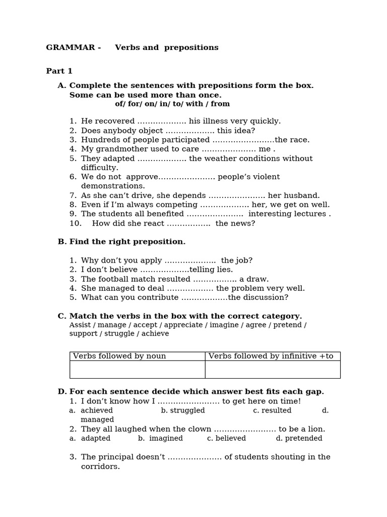 Gram3 Verbs and Prepositions Student | PDF | Verb | Preposition And Postposition