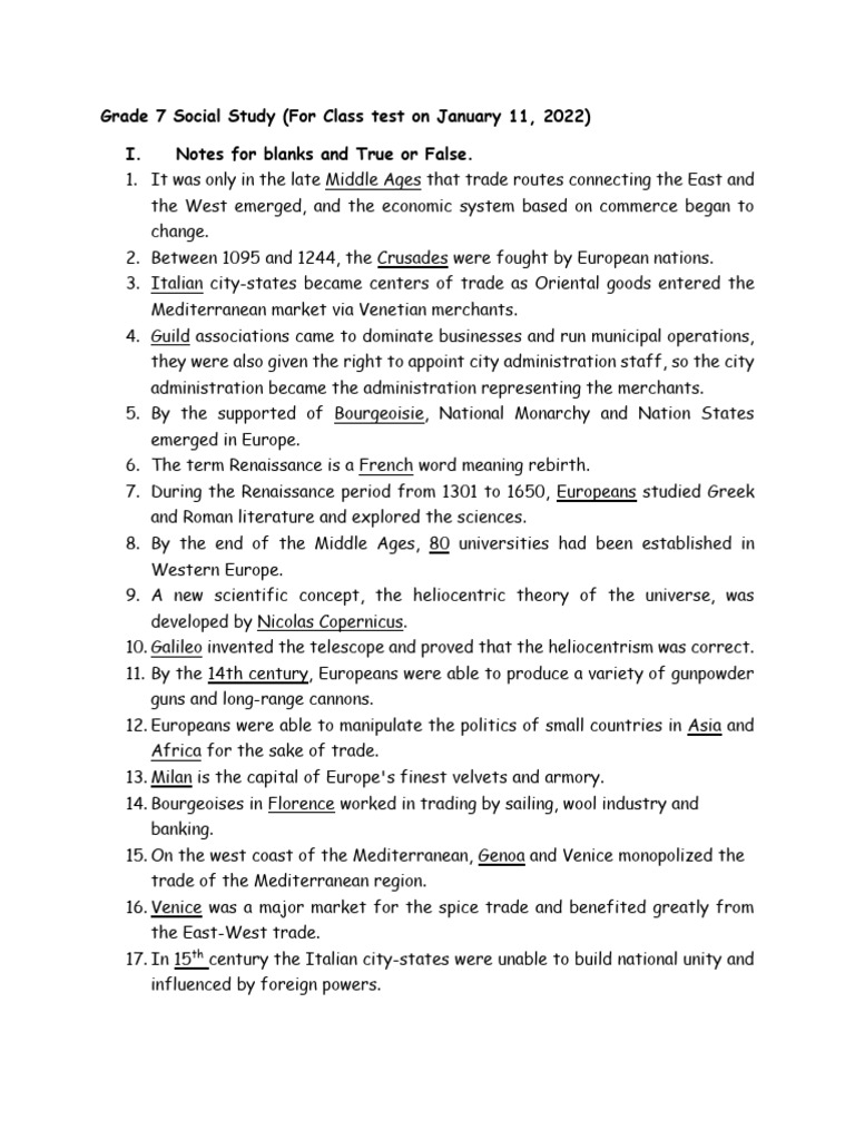 Grade 7 Social Study Class Test On January 11, 2022 | PDF | Trade ...