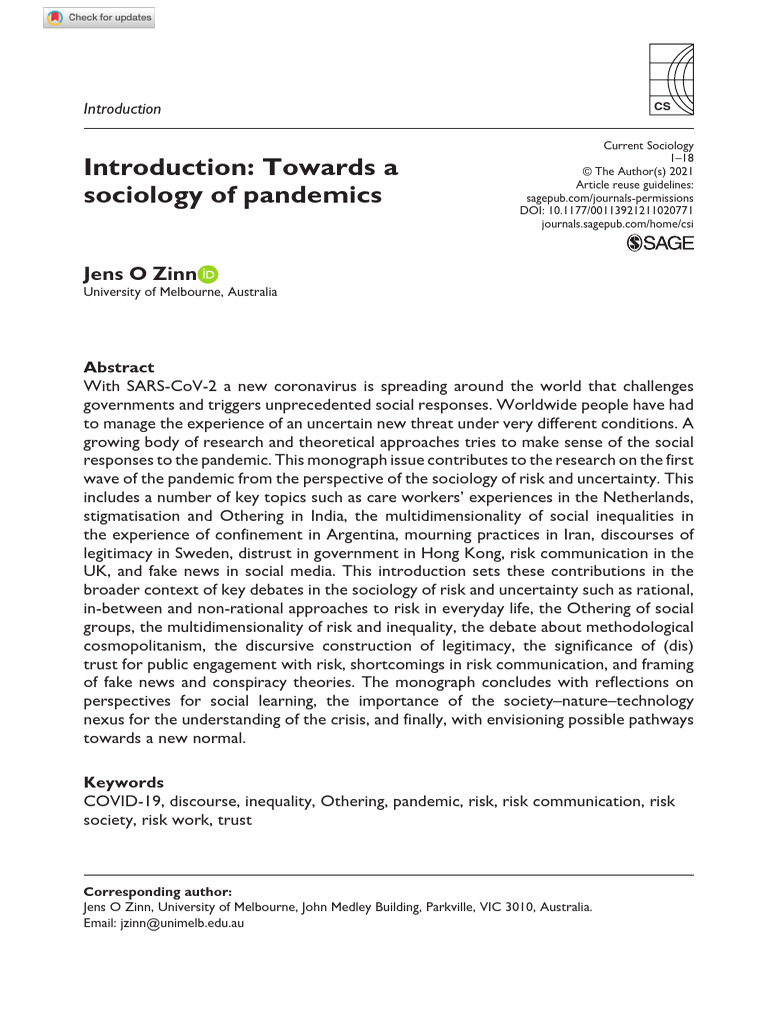 Zinn (2021) Introduction Towards A Sociology of Pandemics Current ...