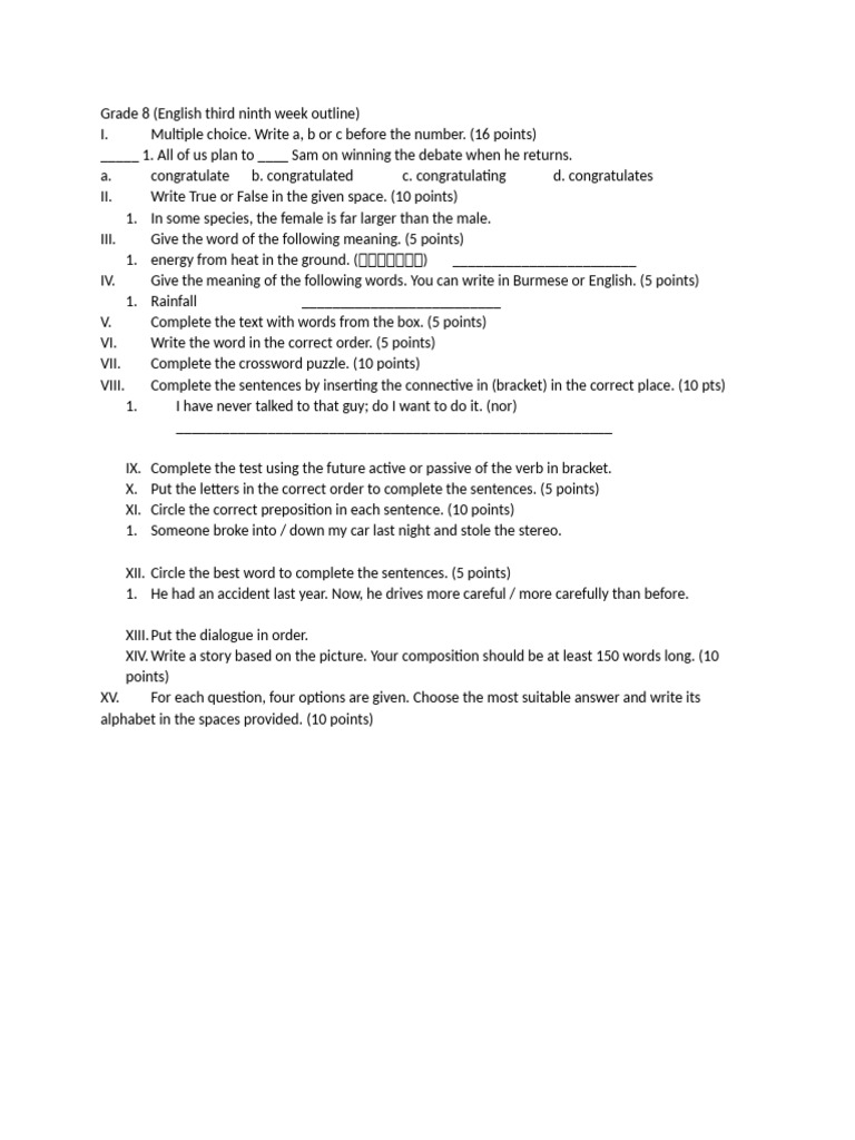 Grade 8 (thinrd ninth week outline) | PDF