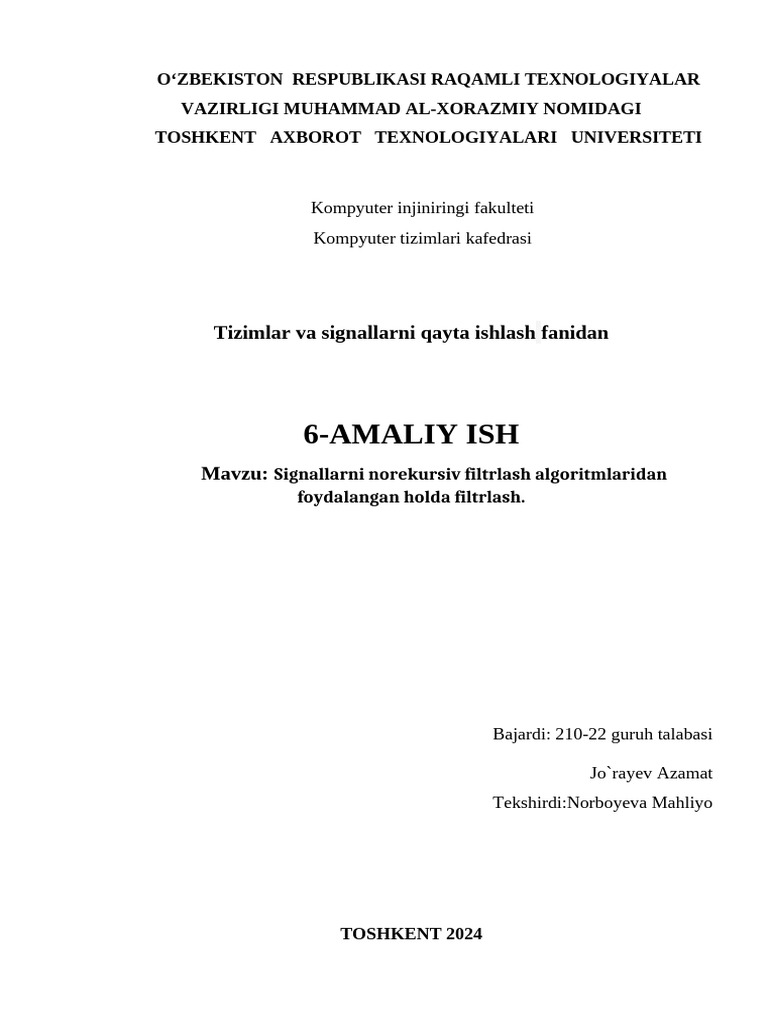 6-Amaliy Ish: Tizimlar Va Signallarni Qayta Ishlash Fanidan | PDF