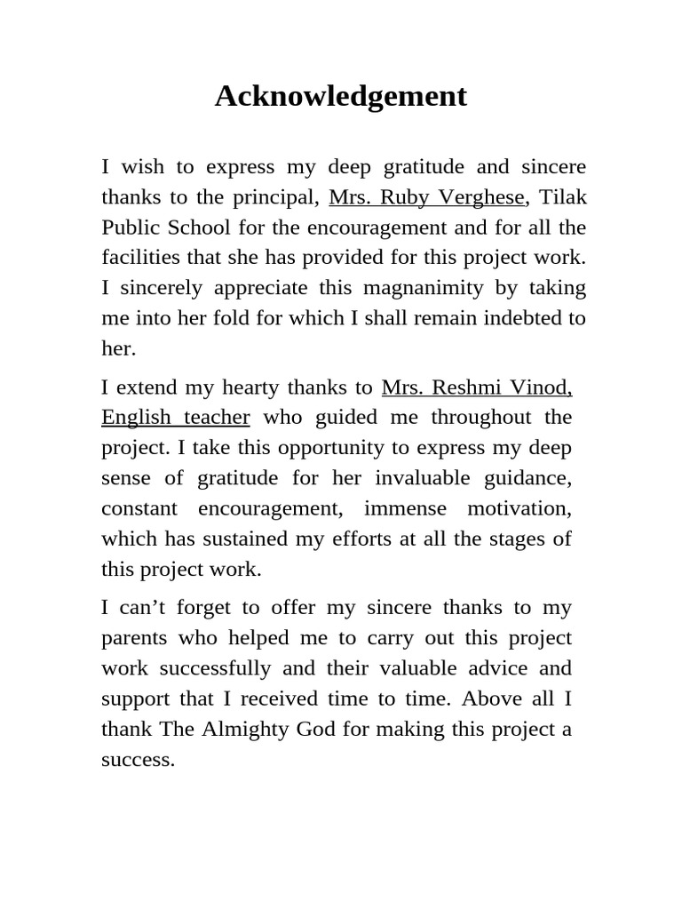 Acknowledgements for Project Work | PDF