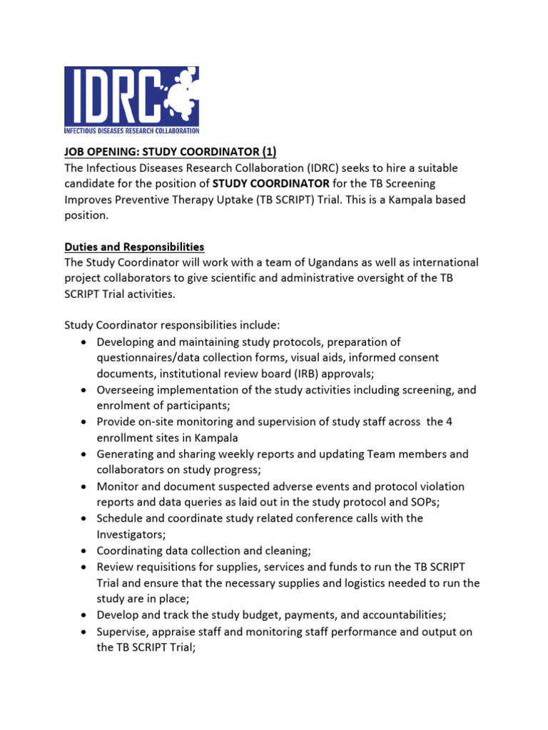 Study Coordinator | PDF | Institutional Review Board | Health Care