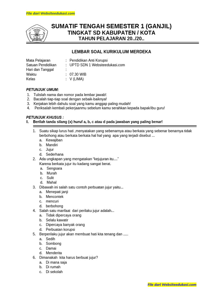 STS 1 Kelas V - Pend. Anti Korupsi | PDF