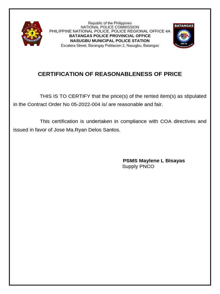 Certification of Reasonable Price 11 May | PDF
