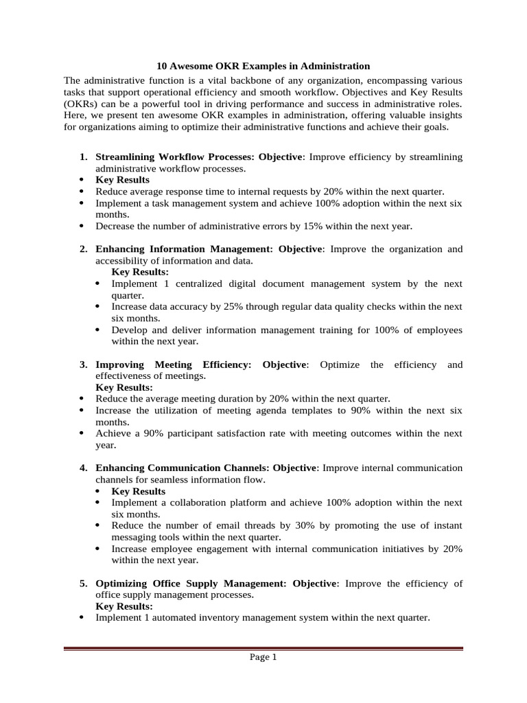 10 Awesome OKR Examples in Administration | PDF | Employment | Procurement