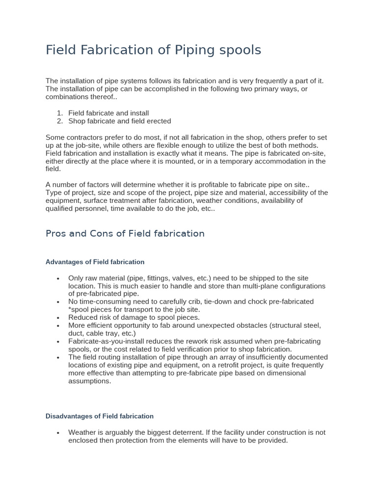 Field Fabrication of Piping Spools Guide | PDF | Pipe (Fluid Conveyance ...