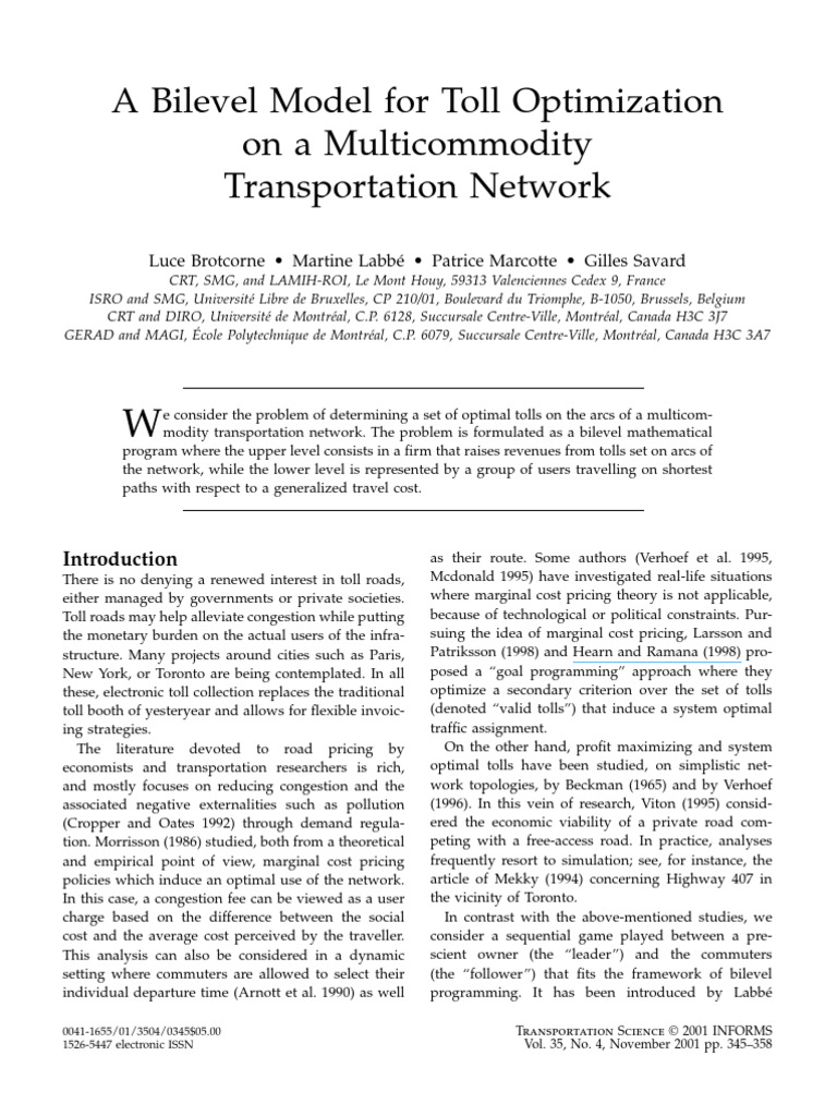 A Bilevel Model for Toll Optimization on a Multicommodity ... A Bilevel Model for Toll Optimization on a Multicommodity ...