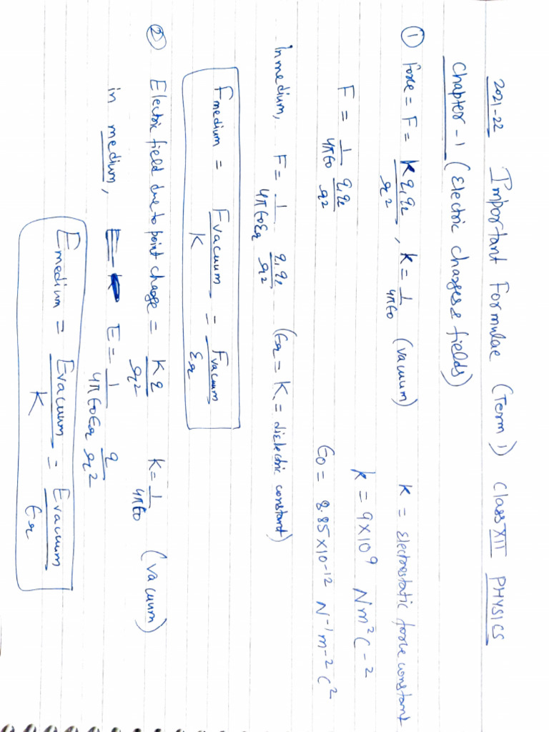 class xii important formulae term 1 physics 2021-22 | PDF