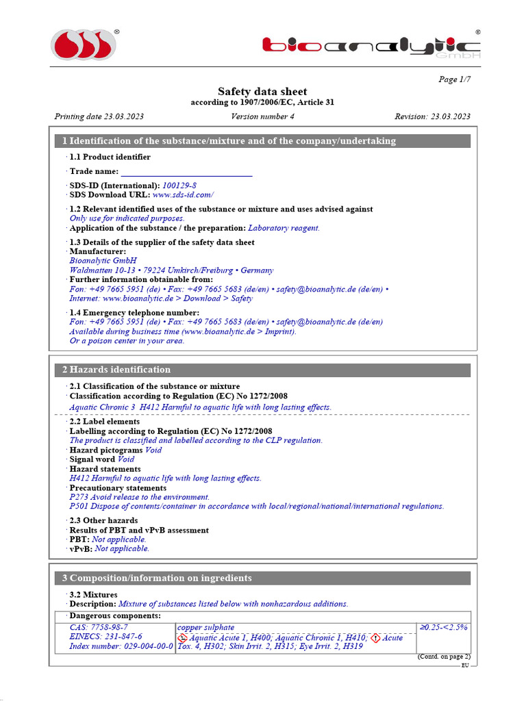 SDS ID - 100129 8 - EU (En) - 2023 03 23 | PDF | Occupational Safety ...