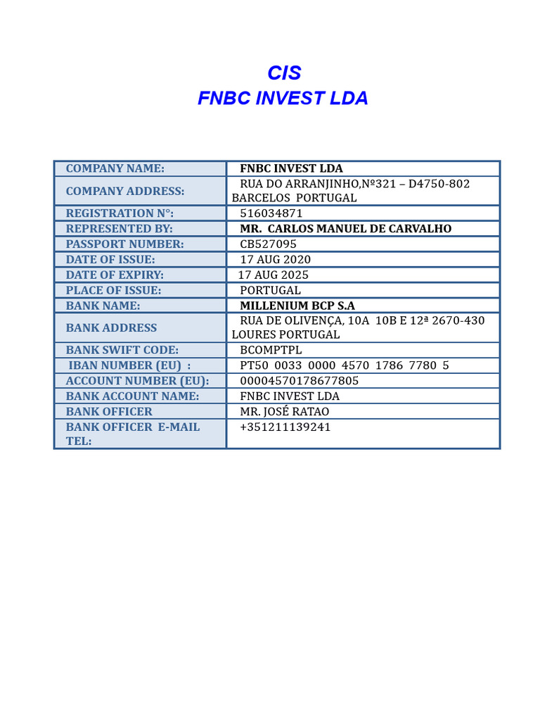 FNBC Invest LDA Company Details | PDF