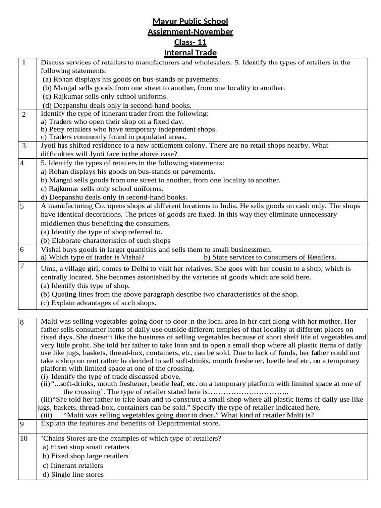 Assignment class 11 B.St November | PDF | Retail | Marketing