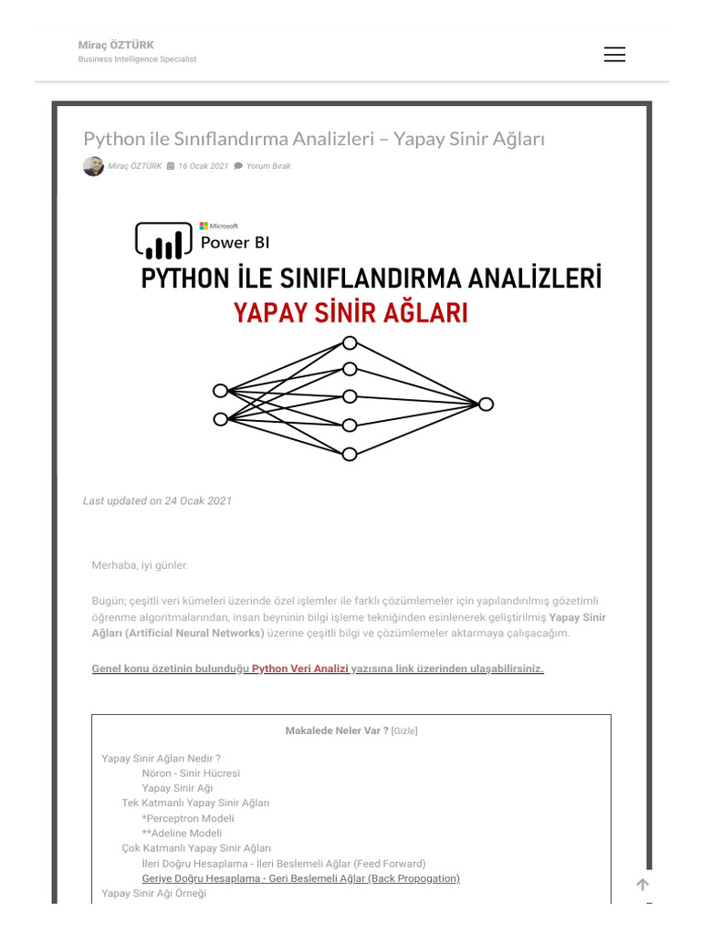 Python ile Sınıflandırma Analizleri – Yapay Sinir Ağları - Miraç ÖZTÜRK ...