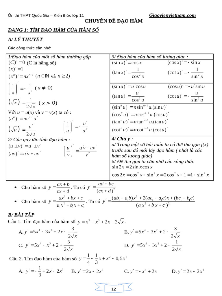 Tai Lieu Chuyen de Dao Ham 11 | PDF