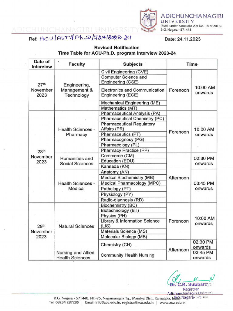Revise Notification Time Table For ACU Ph.D. Progrm Interview 2023 24 | PDF