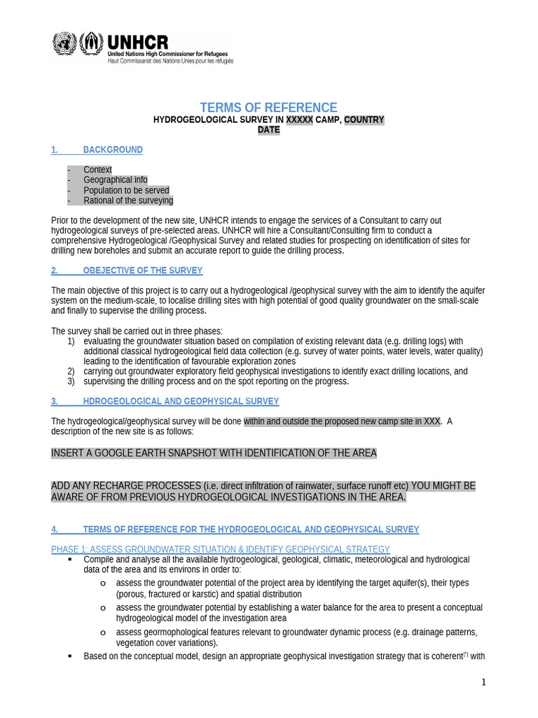 TOR Hydrogeological Surveying - Template | PDF | Hydrogeology | Aquifer