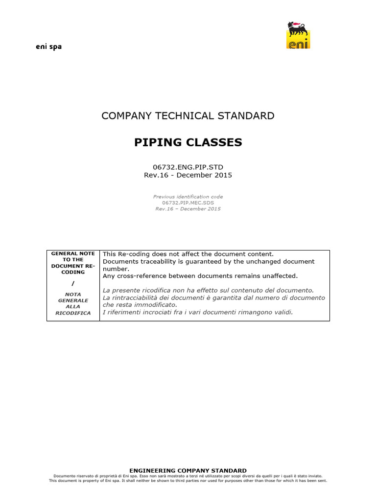 SPEC PIPING ENI Rev16.2015 | PDF | Pipe (Fluid Conveyance) | Valve