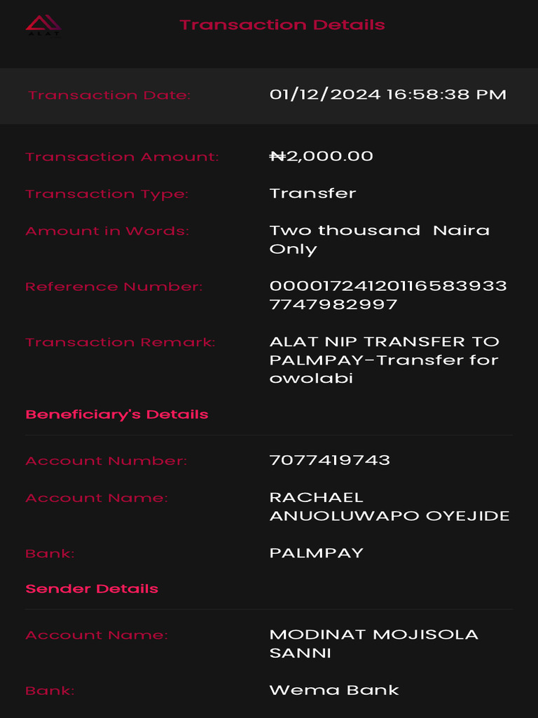 ALAT Transfer Receipt - RACHAEL ANUOLUWAPO OYEJIDE - 7077419743 - ₦ ...
