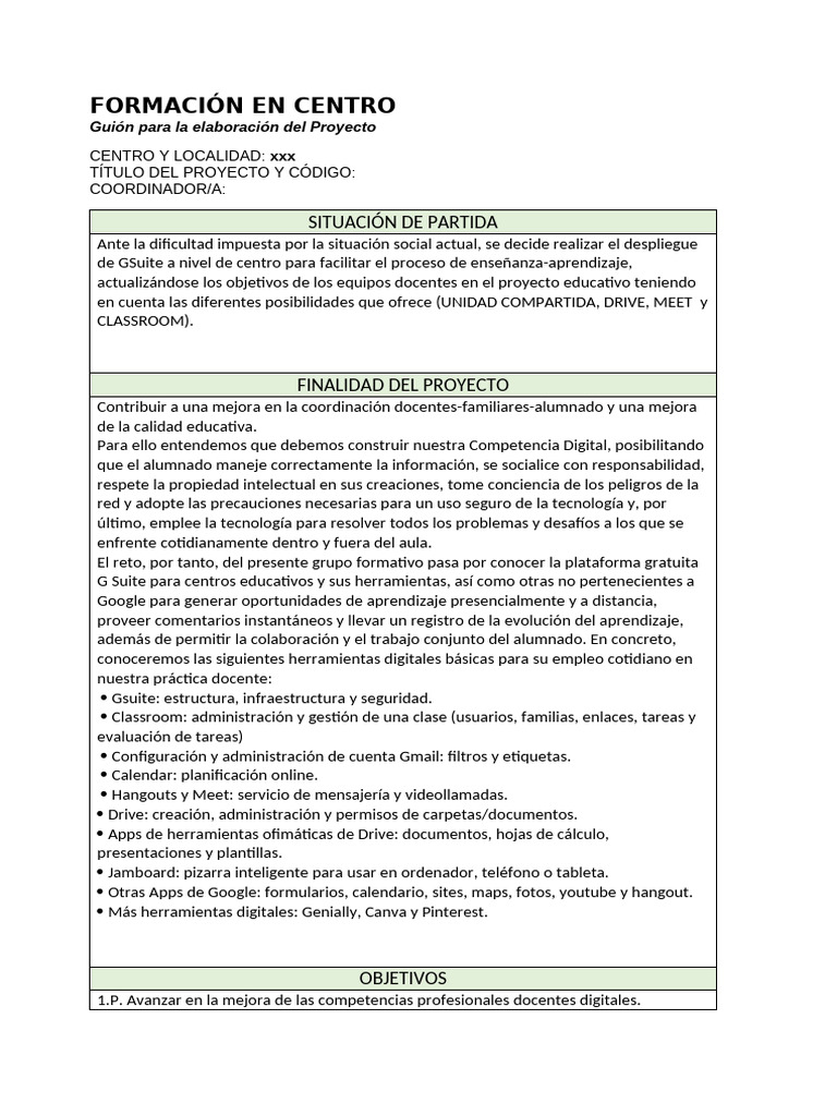 Plantilla Borrador Proyecto Autoformacion 20-21 | PDF | Evaluación | Maestros