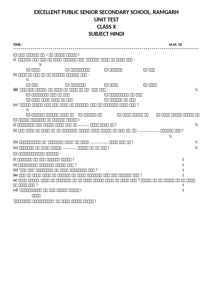 Unit Test I Hindi Class X | PDF