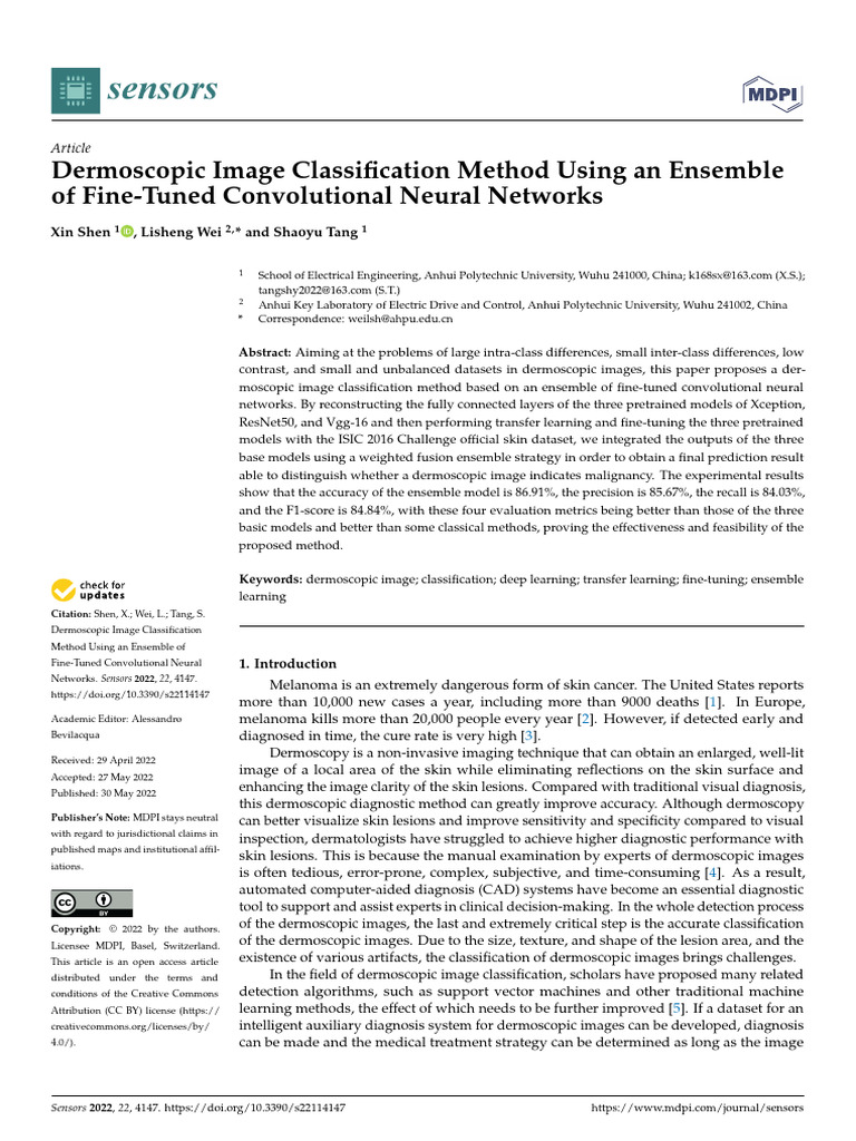 Dermoscopic Image Classification Method Using An Ensemble Of Fine Tuned