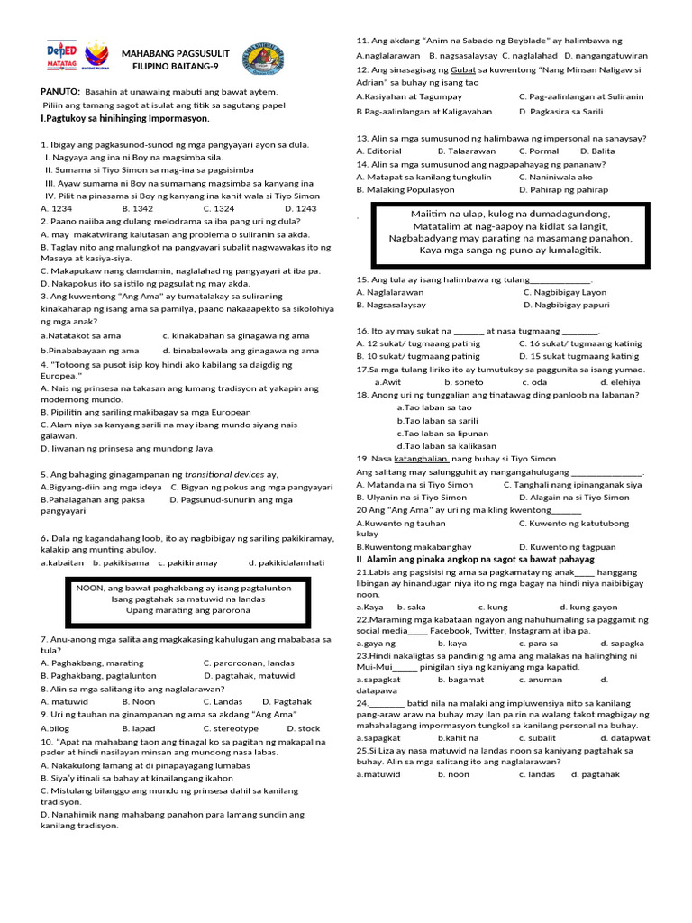 MAHABANG-PAGSUSULIT-UNANG-MARKAHAN2024 | PDF
