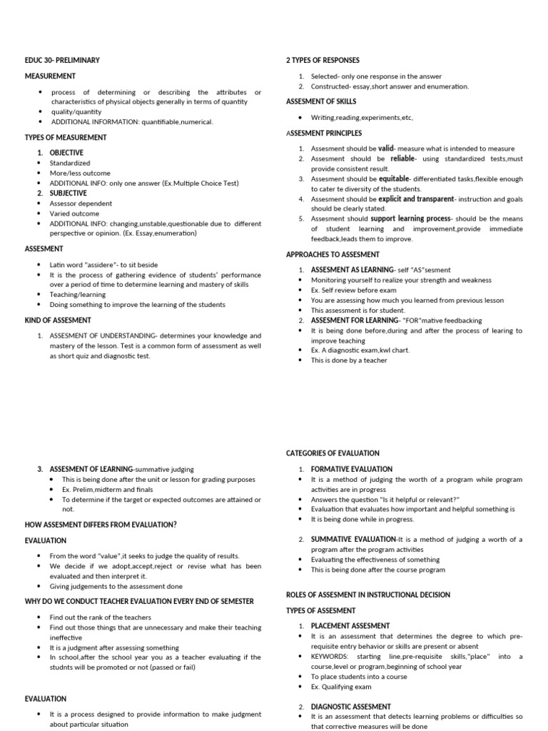 Educ 30 Preliminary Reviewer | PDF | Educational Assessment | Evaluation