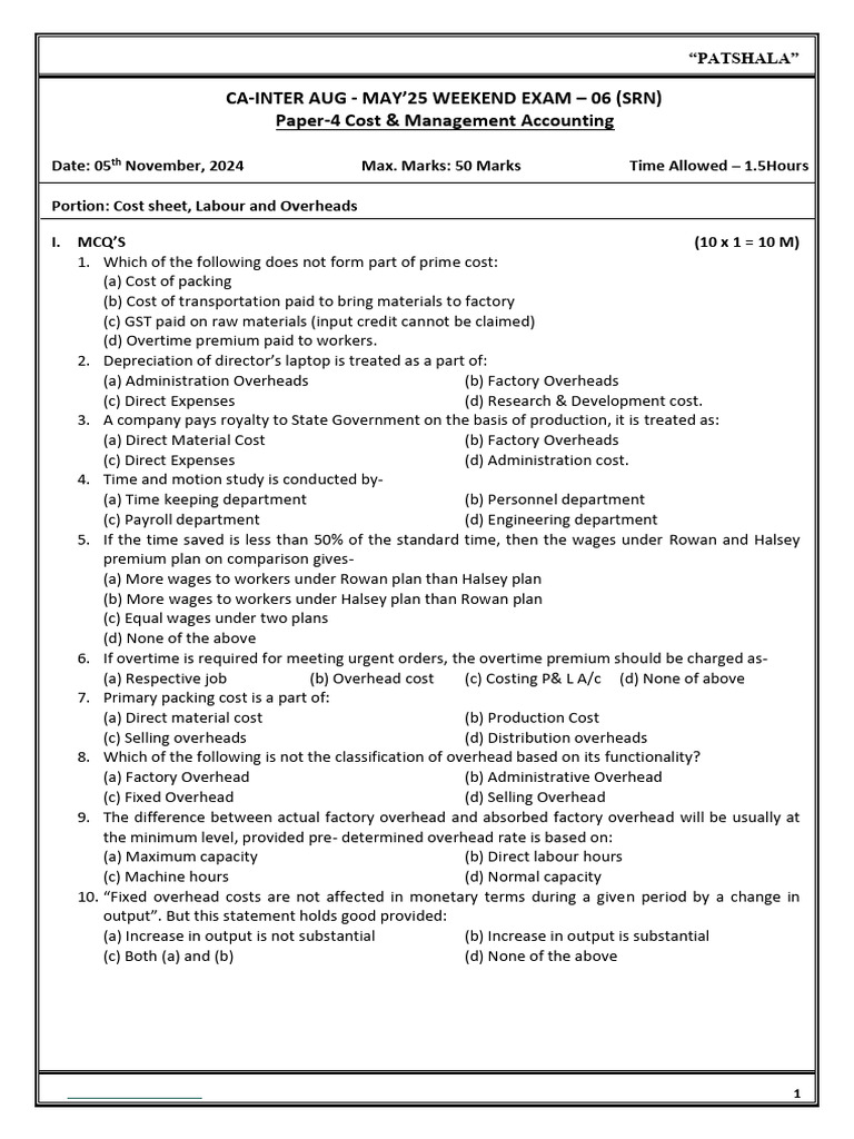 W6-P4-Costing-05-11-2024 (CA - INTER-MAY 2025) - SRN - Key | PDF | Cost | Cost Of Goods Sold