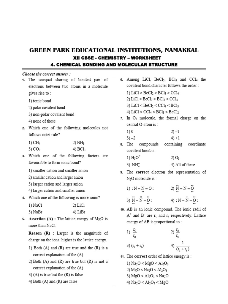 Chemical Bonding and Molecular Structure - Worksheet | PDF | Chemical ...
