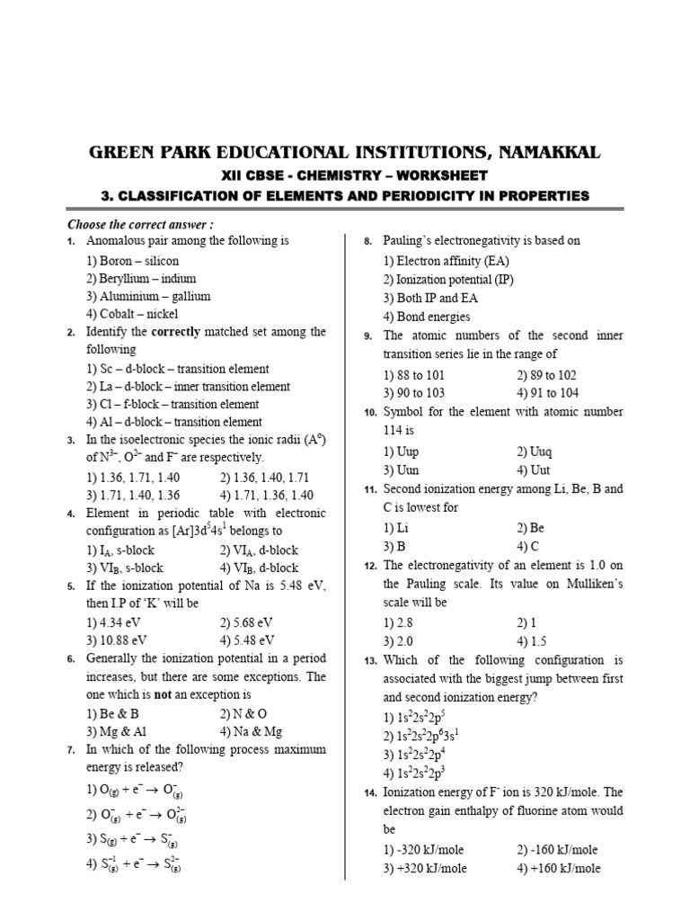 Classification of Elements ...... - Worksheet | PDF | Periodic Table ...