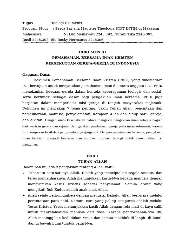 tugas Teologi Ekumenika DOKUMEN III | PDF