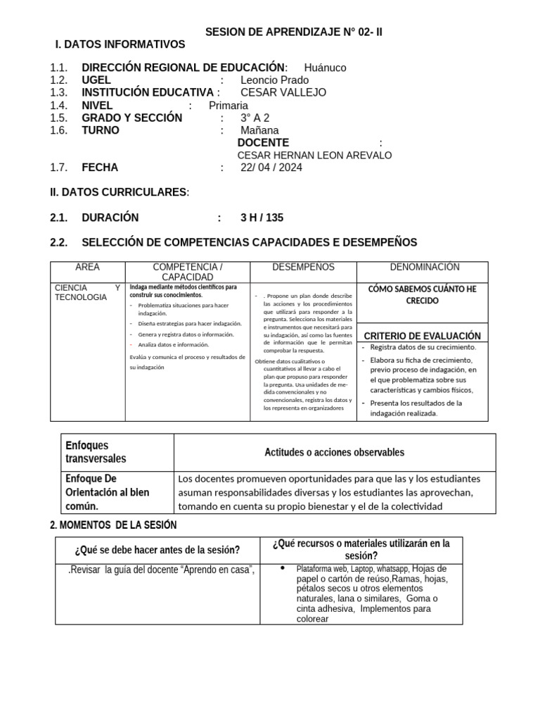 SESION DE APRENDIZAJE N 02 - II CIENCIA Y TECNOLOGIA 22 DE ABRIL DE 2024 | PDF | Evaluación ...