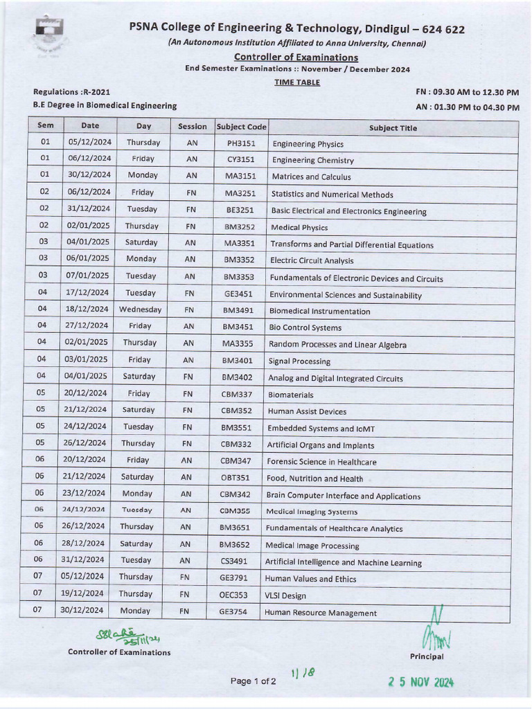 ND2024 - B.E and B.Tech - Time Table - R 2021 - 2021 Batch | PDF