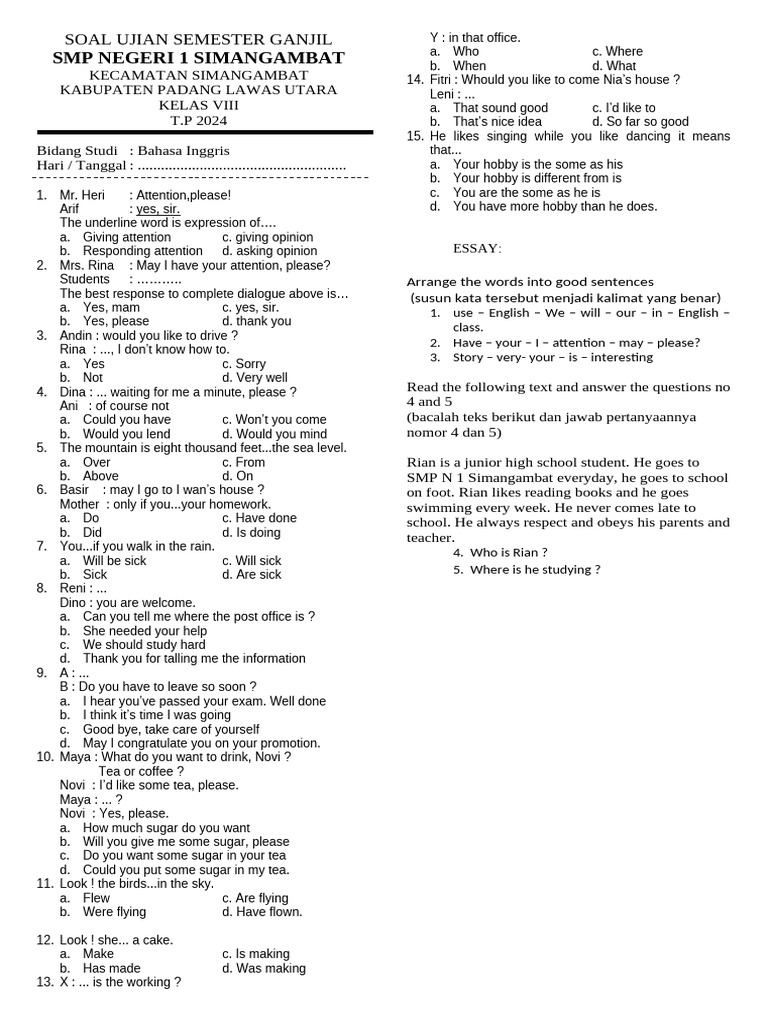 SOAL B.INGG - Kls8.sem1.2024 | PDF