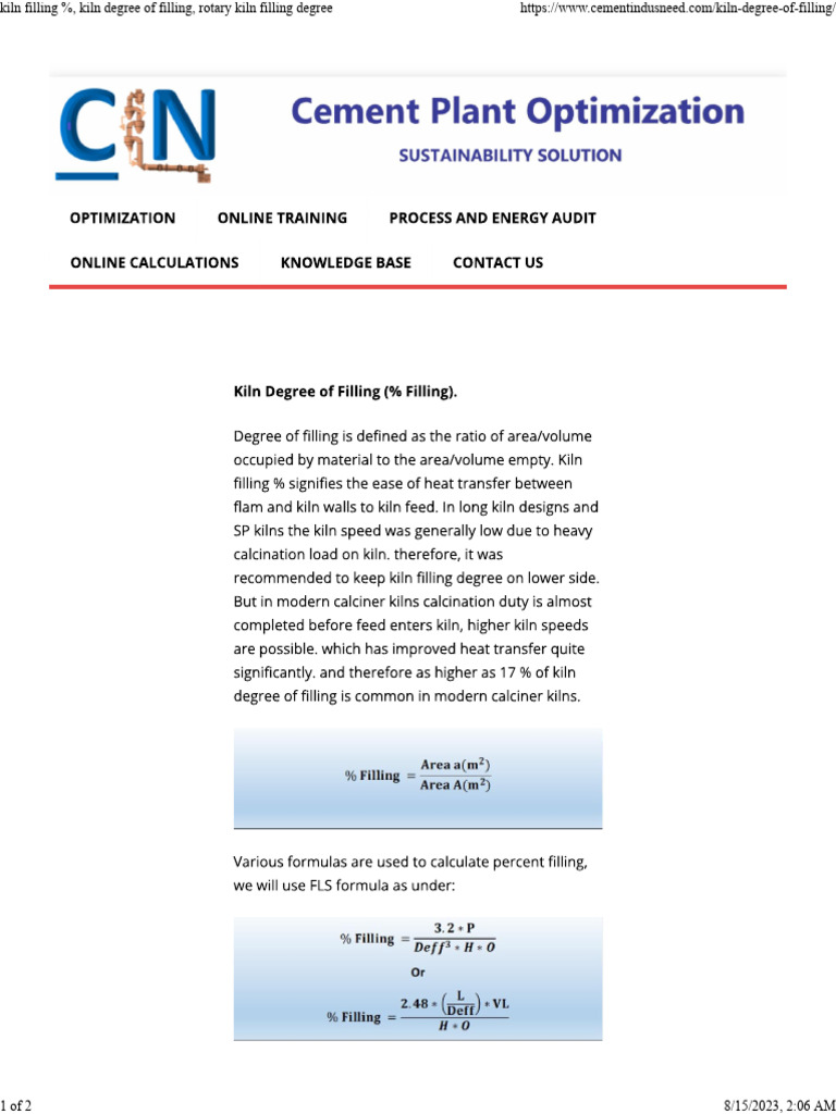Kiln Filling %, Kiln Degree of Filling, Rotary Kiln Filling Degree | PDF