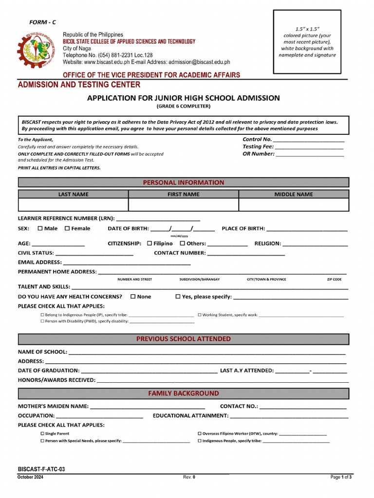 Form C - Application For JHS Admission (Incoming Grade 7) | PDF