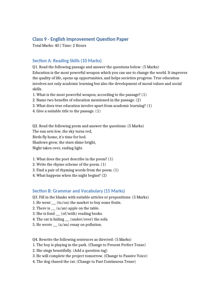 Class 9 English Question Paper | PDF