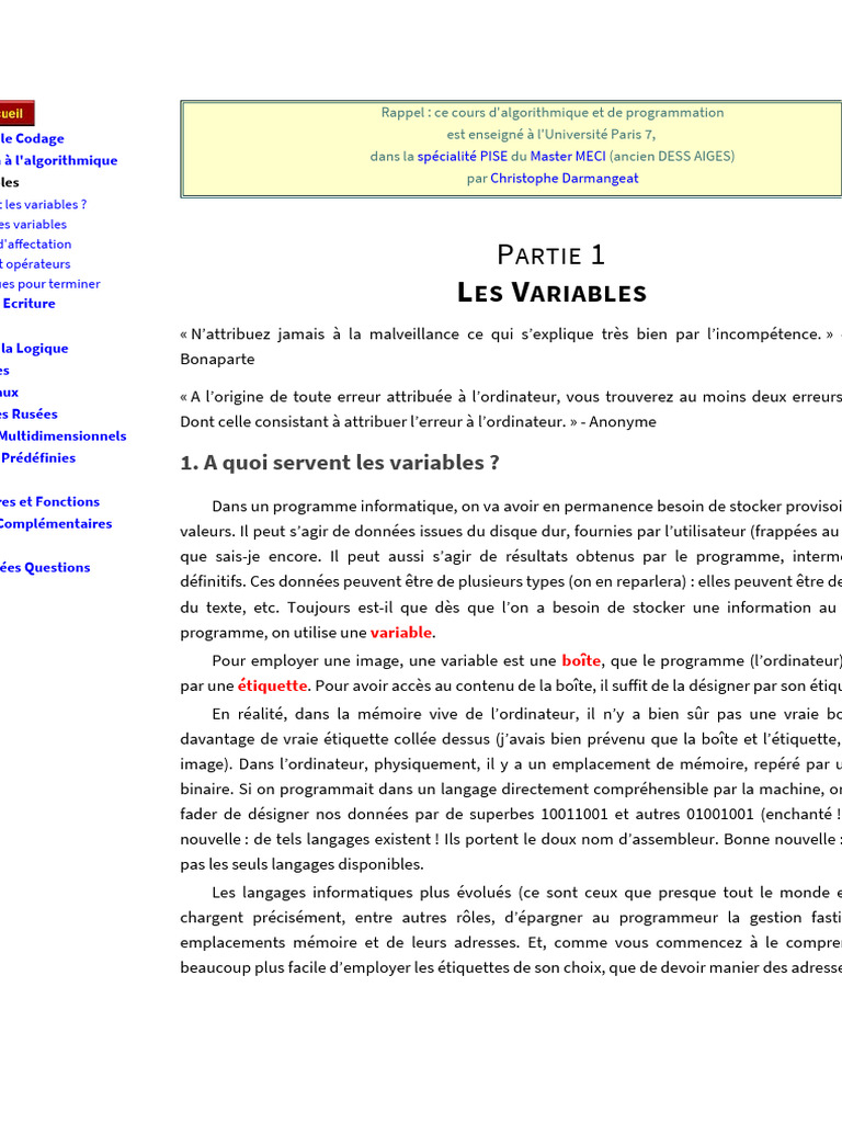 Introduction aux Variables en Algorithmique | PDF | Langage de ...