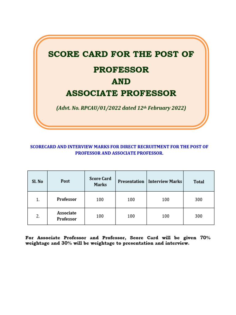 Score Card For The Post of Professor Associate Professor | PDF