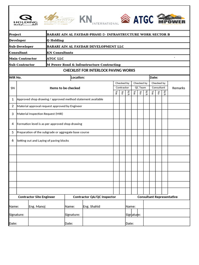 Checklist For Roads Interlock Paving | PDF