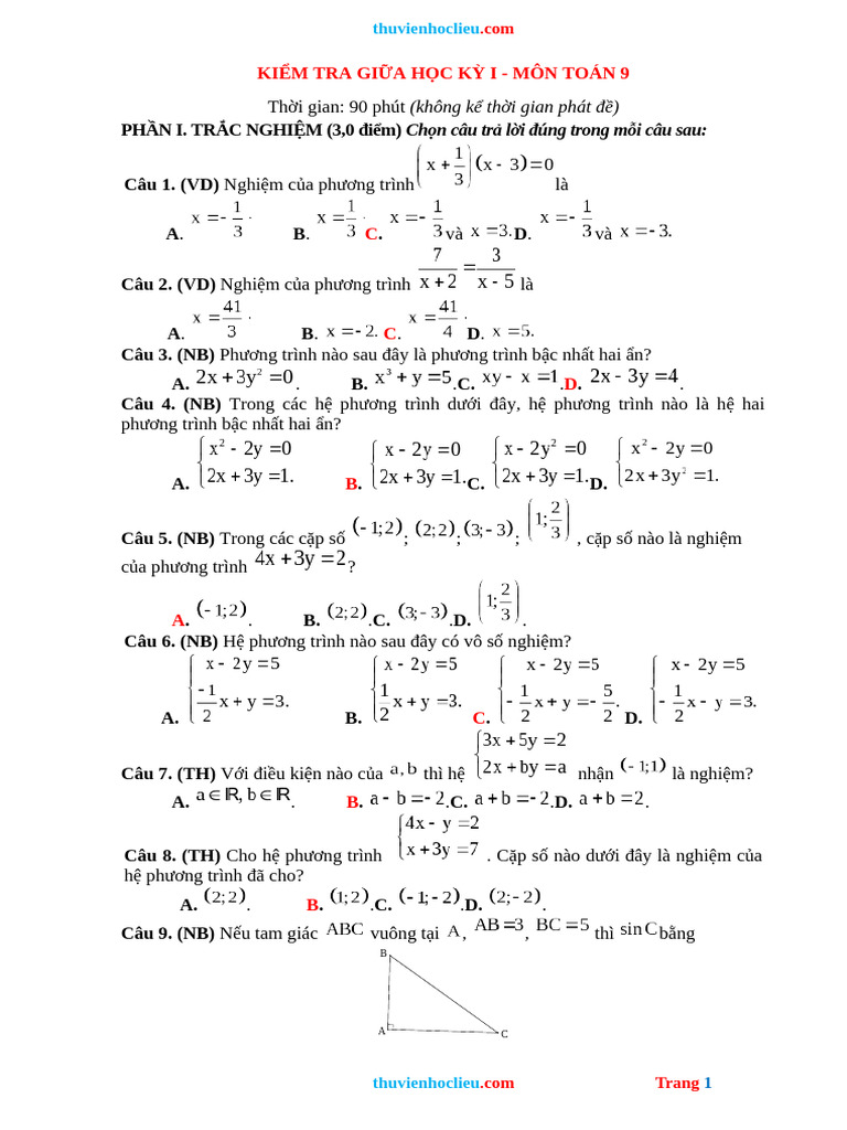 De Kiem Tra Giua HK1 Toan 9 Canh Dieu | PDF