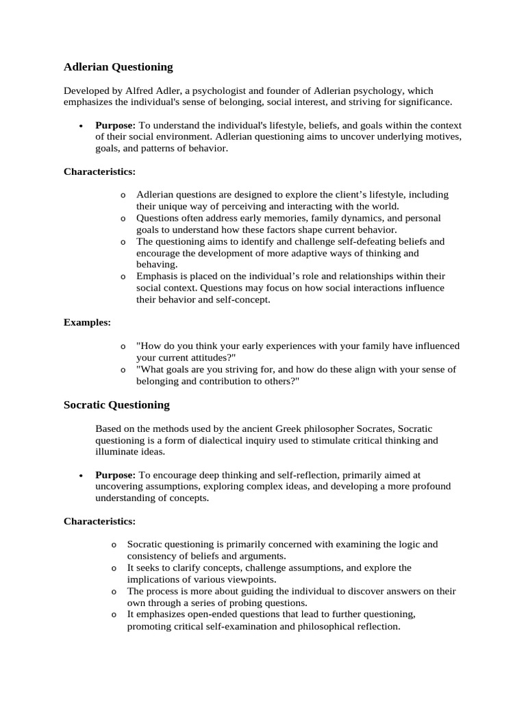 Adlerian Questioning Vs Socratic Questioning PDF | PDF | Critical ...