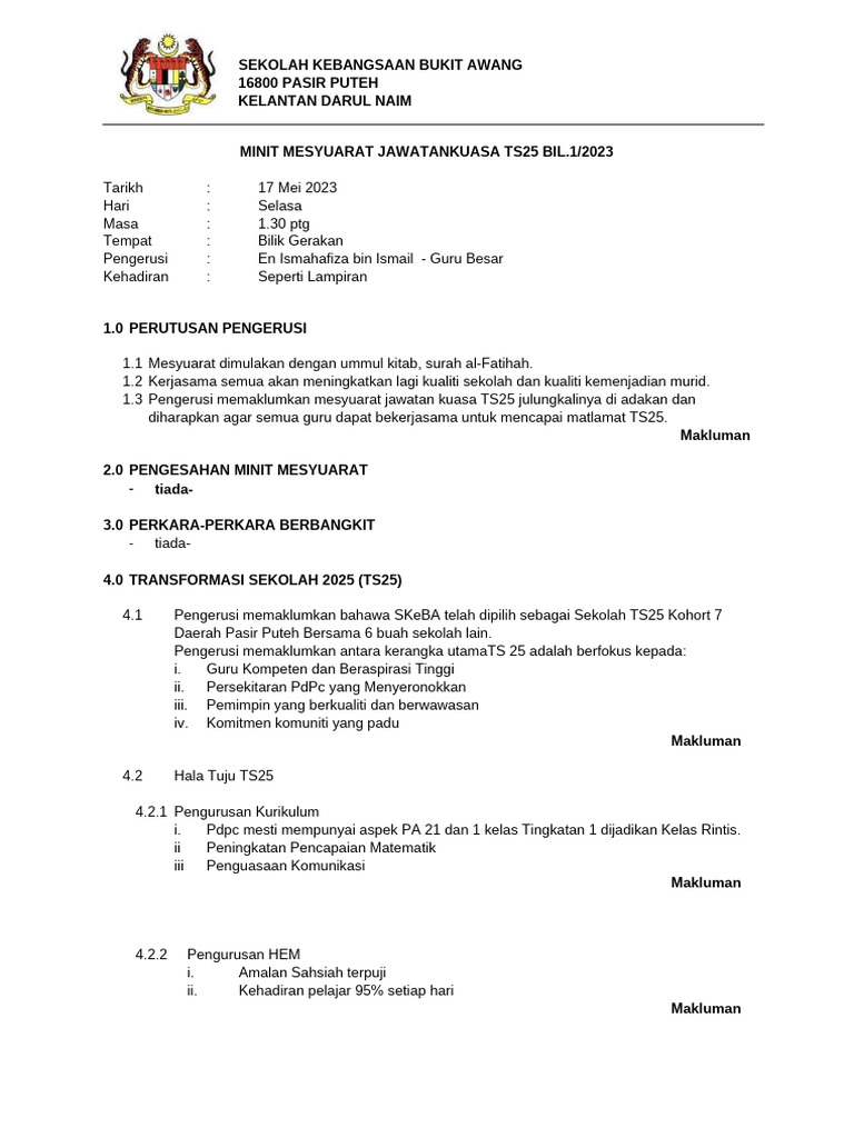 MINIT Mesyuarat TS25 Kali 1 2023 | PDF