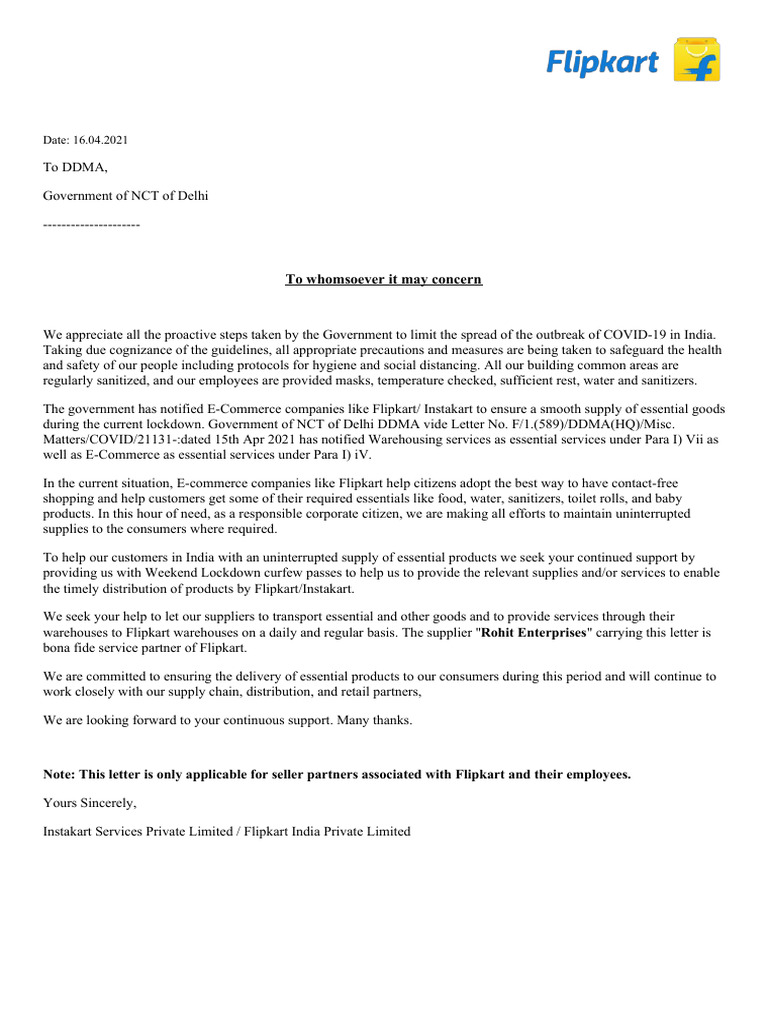 Letter of Association With Flipkart | PDF