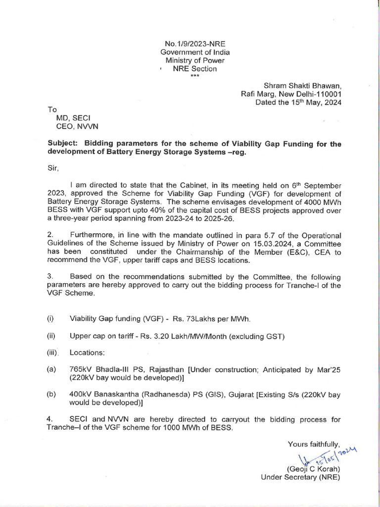 OC of letter conveying VGF parameters to SECI and NVVN | PDF
