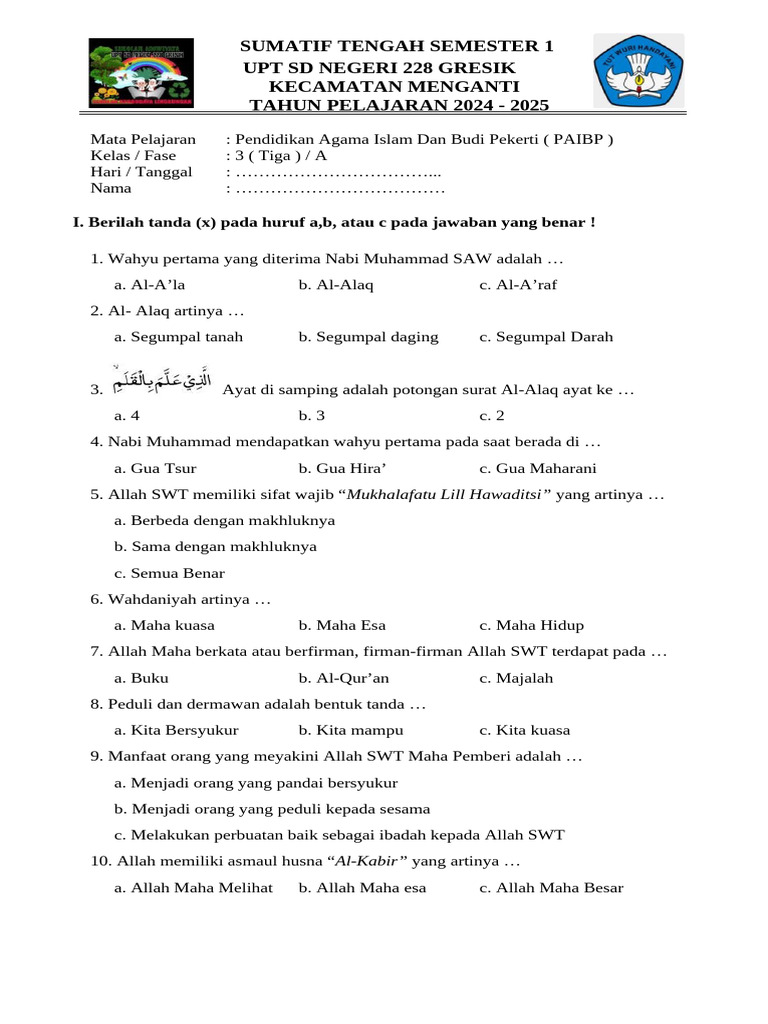 Soal Uts Agama Islam Kelas 3 Fiks | PDF
